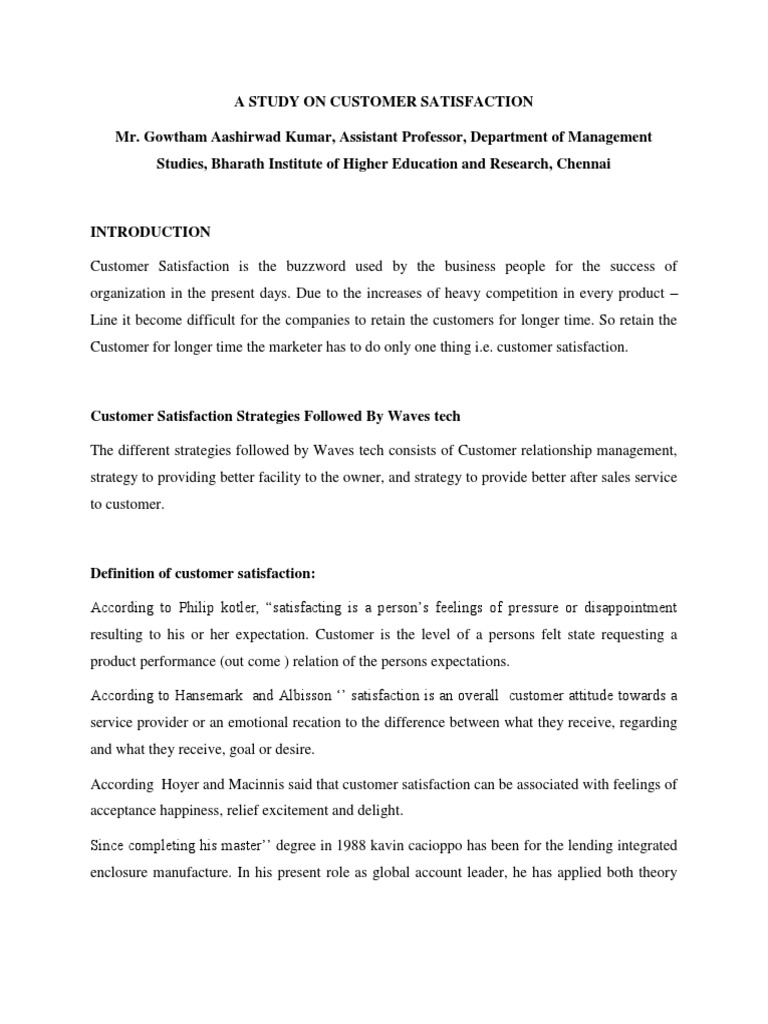 Customer Satisfaction Study in Chennai | PDF | Customer Satisfaction ...