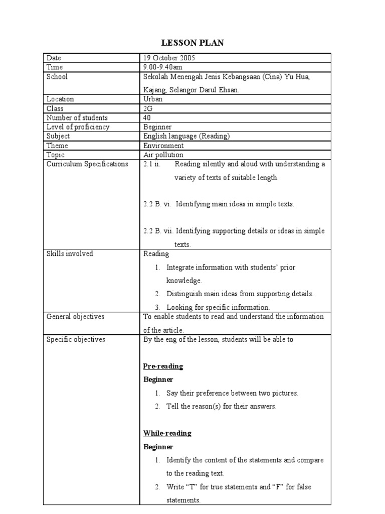 Lesson Plan: Pre-Reading Beginner | PDF | Air Pollution | Asthma