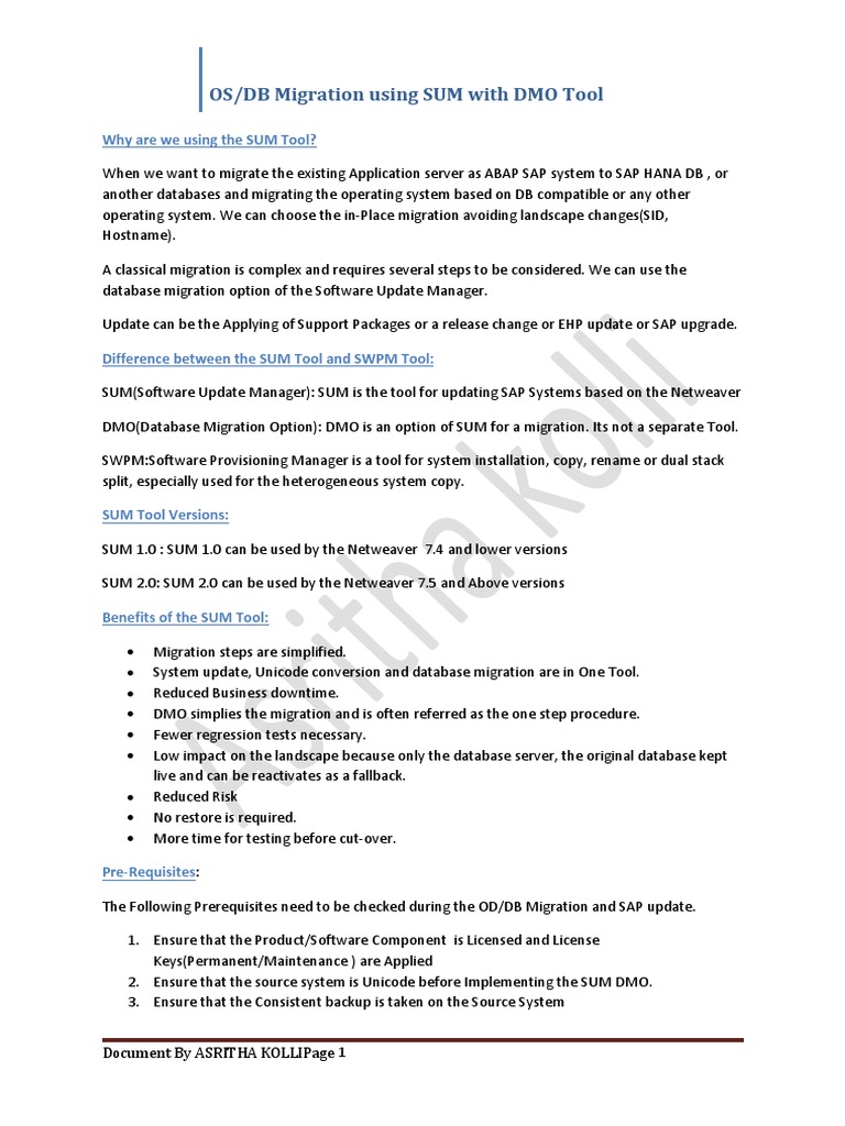 Asritha Kolli: OS/DB Migration Using SUM With DMO Tool | Download Free PDF | Databases | Kernel ...