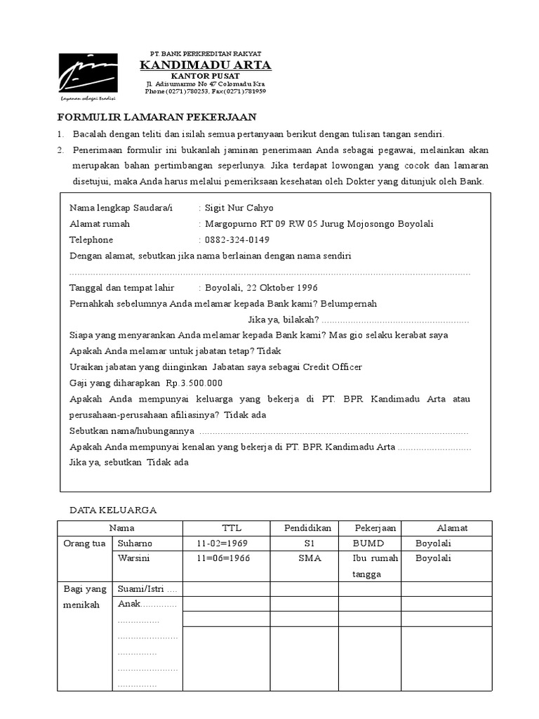 Formulir Lamaran Pekerjaan | PDF