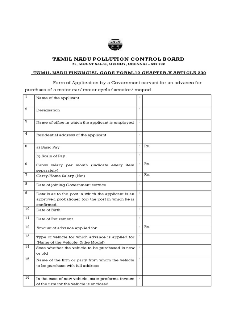Tamil Nadu Pollution Control Board: Tamil Nadu Financial Code Form-12 ...
