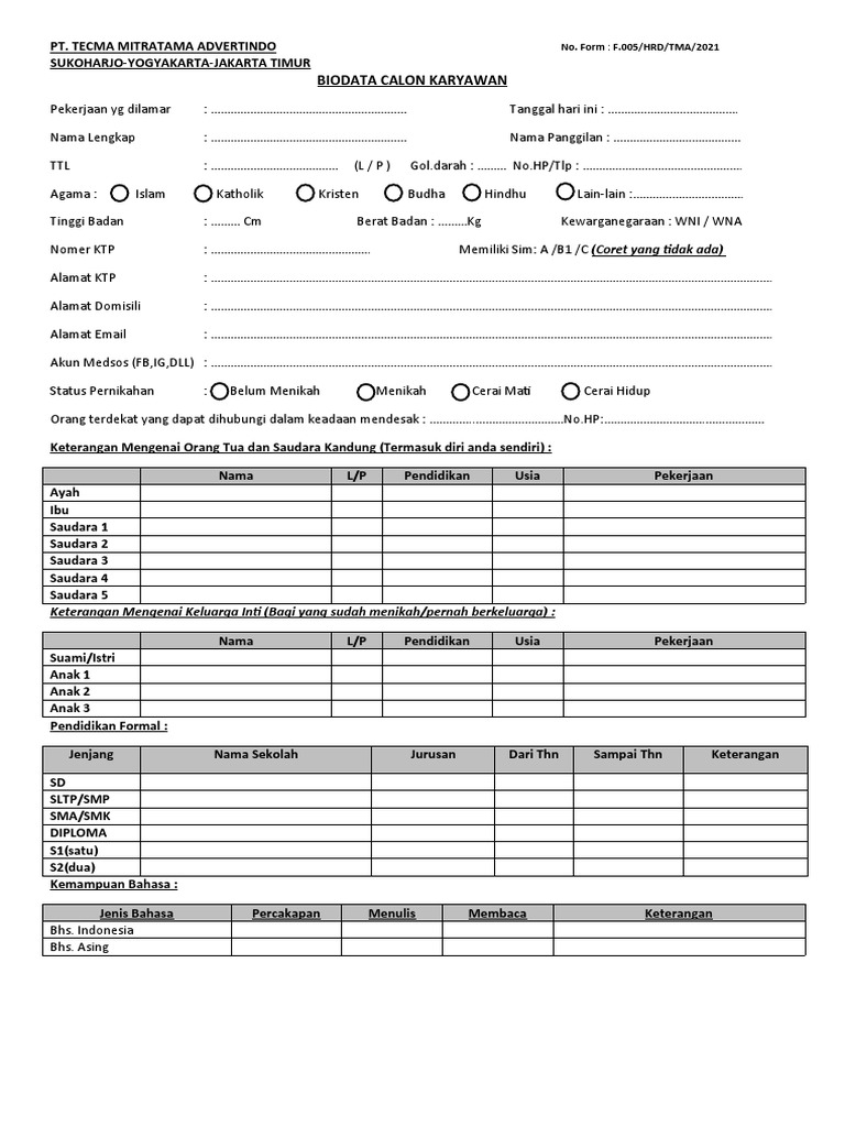 Form Biodata Calon Karyawan Konsep 2021 | PDF