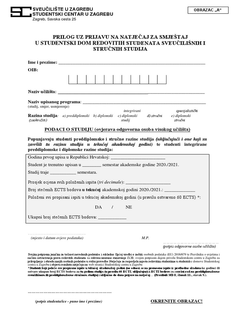 Obrazac Za Prijavu Redovitih Studenta (A) 2021 | PDF