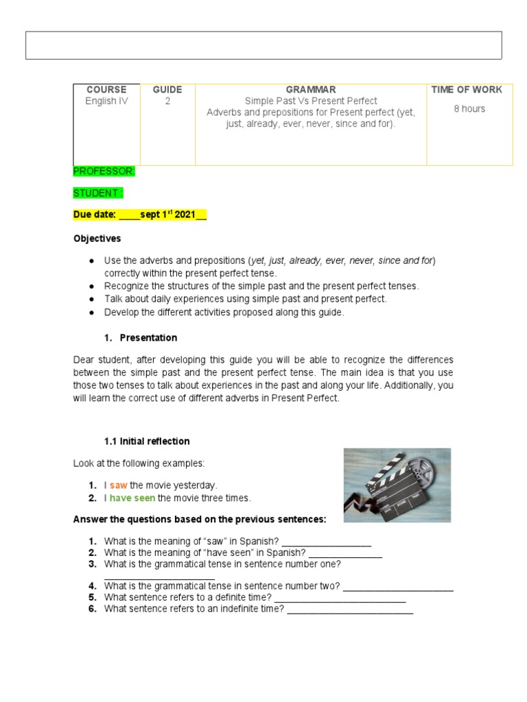 English IV Guide 2 Past Simple and Present Perfect Tense | PDF ...