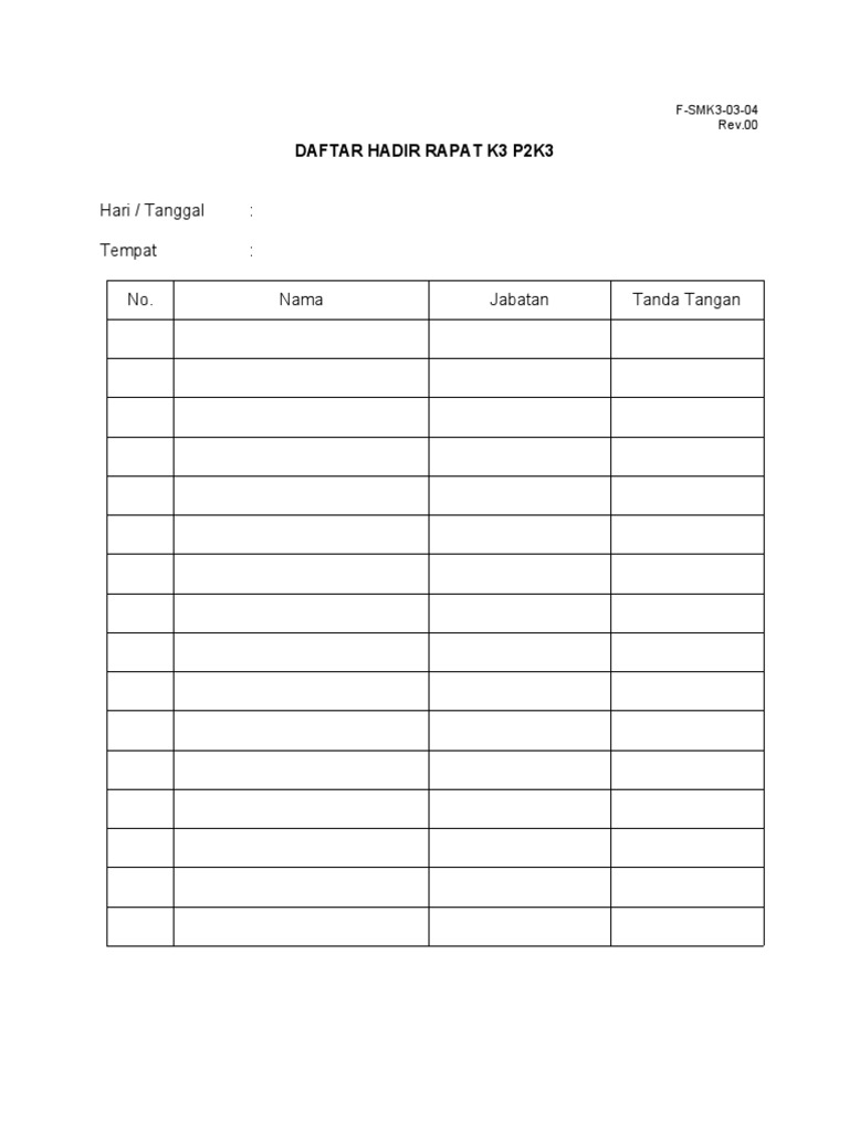 Daftar Hadir Rapat K3 P2K3 | PDF