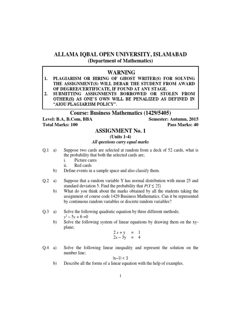 Allama Iqbal Open University Islamabad Department Of Mathematics