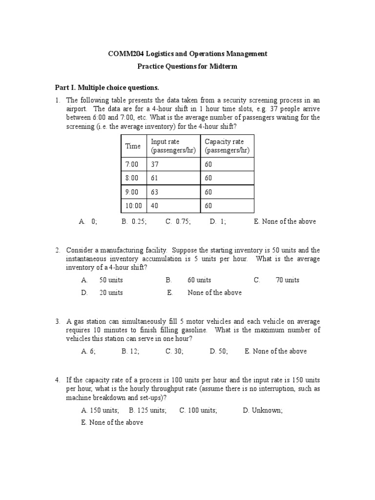 COMM204 Logistics and Operations Management Practice Questions For ...