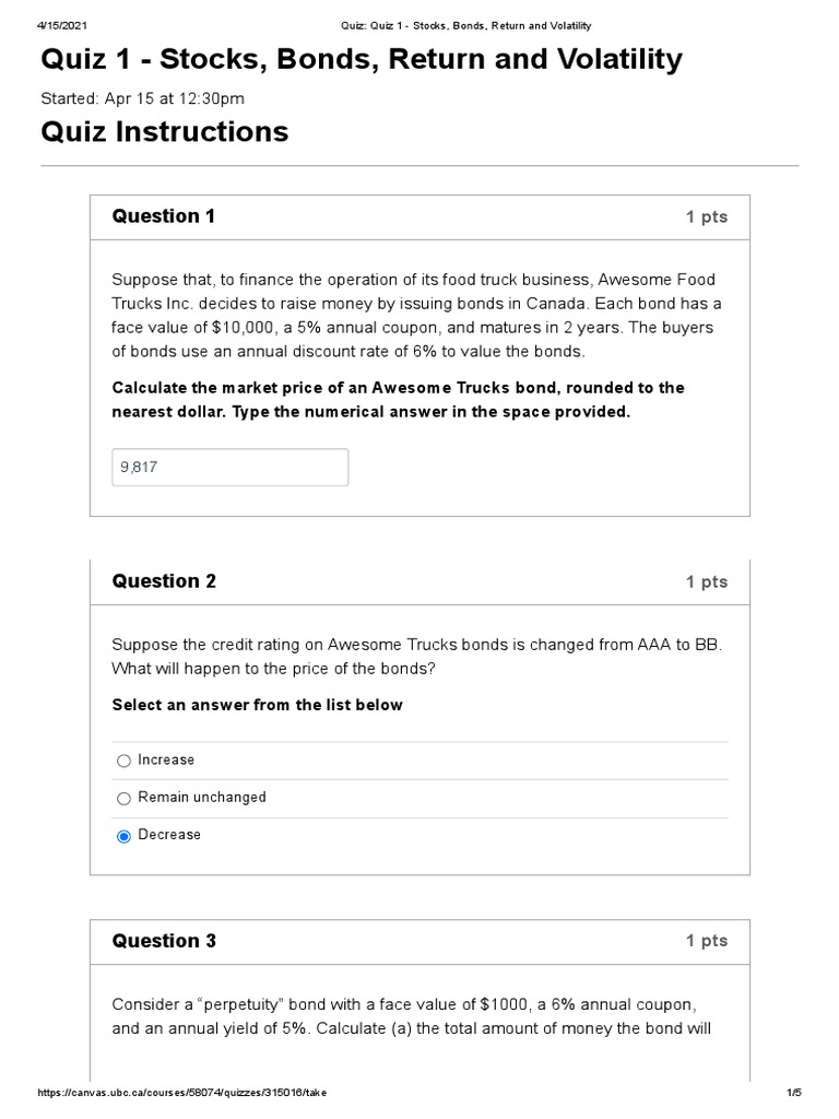 Quiz - Quiz 1 - Stocks, Bonds, Return and Volatility | PDF | Bonds ...