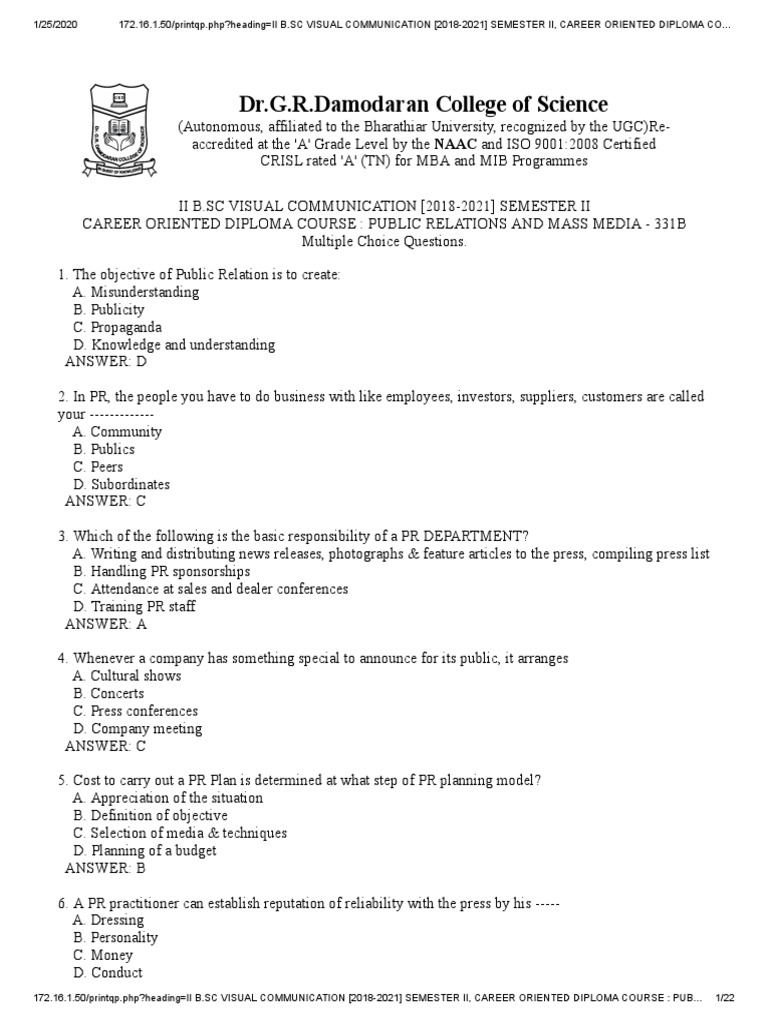 Imp MCQs of PR and Advertising | PDF | Public Relations | Marketing