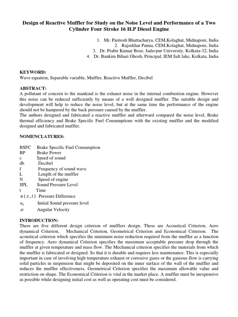 Design of Reactive Muffler For Study On The Noise Level and Performance ...
