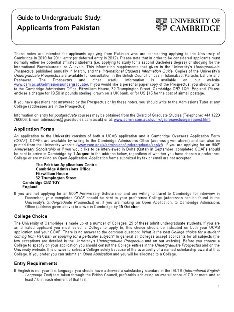 Cambridge Admissions Guide for Pakistan | PDF | University Of Cambridge ...