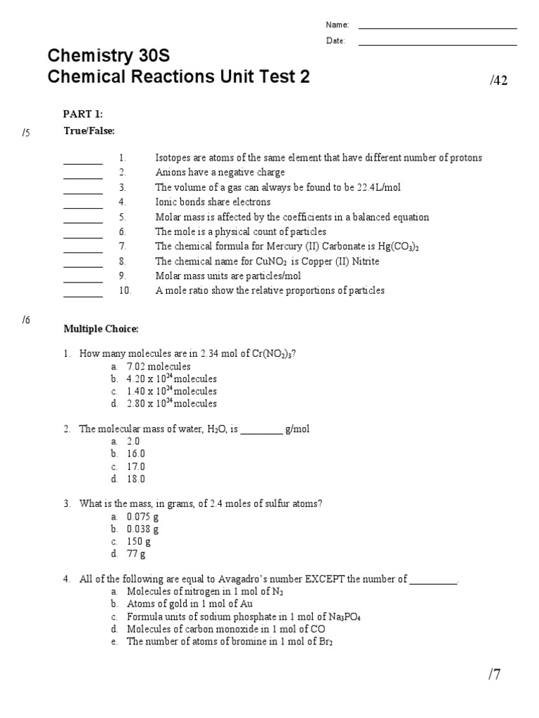 Chemical Reactions - Unit Test 2 | PDF | Mole (Unit) | Molecules