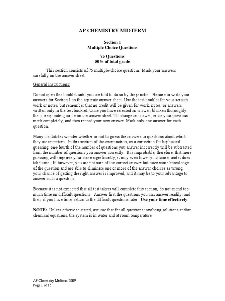 Ap Chemistry Midterm: Section 1 Multiple Choice Questions 75 Questions ...
