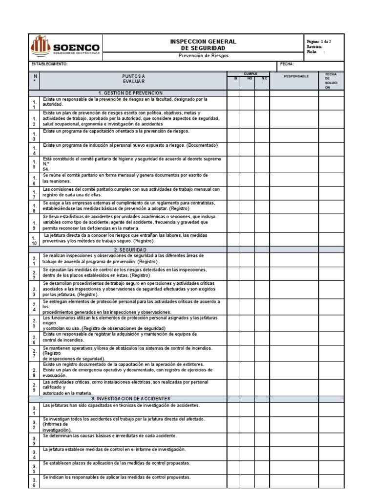 Formato Inspeccion General de Seguridad | PDF | Seguridad y salud ocupacional | Factores humanos ...
