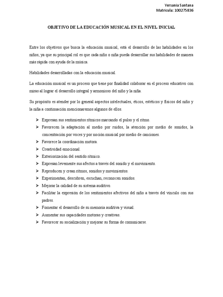 Objetivo de La Educación Musical en El Nivel Inicial | PDF