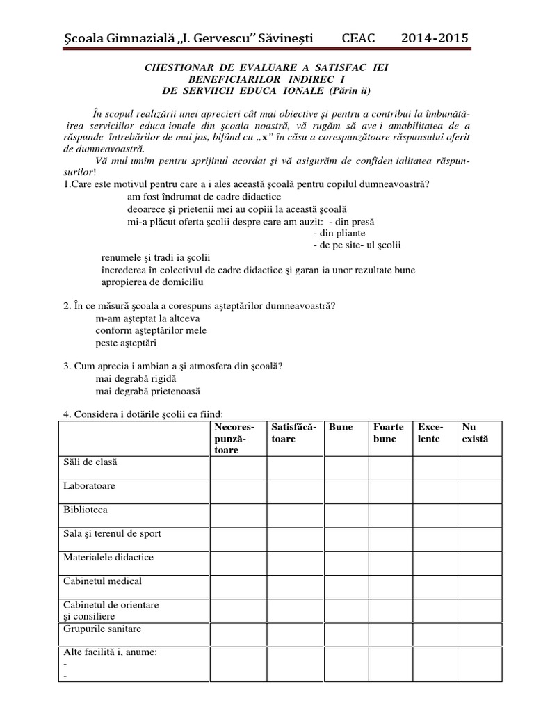 06 Chestionar Satisfactie Parinti Extras | PDF