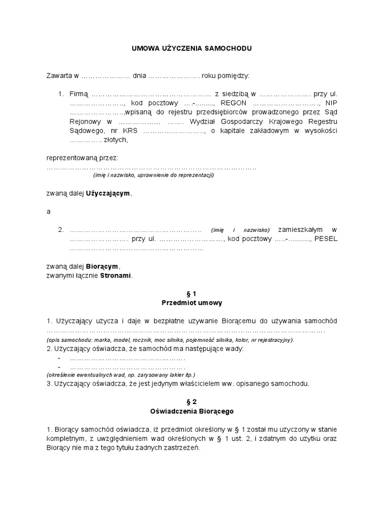 Wzór Umowy Użyczenia Samochodu | PDF