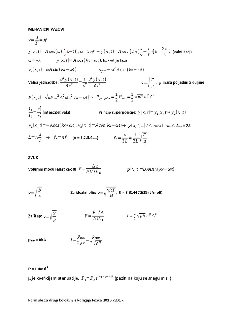 Fizika 2. Kolokvij Formule | PDF