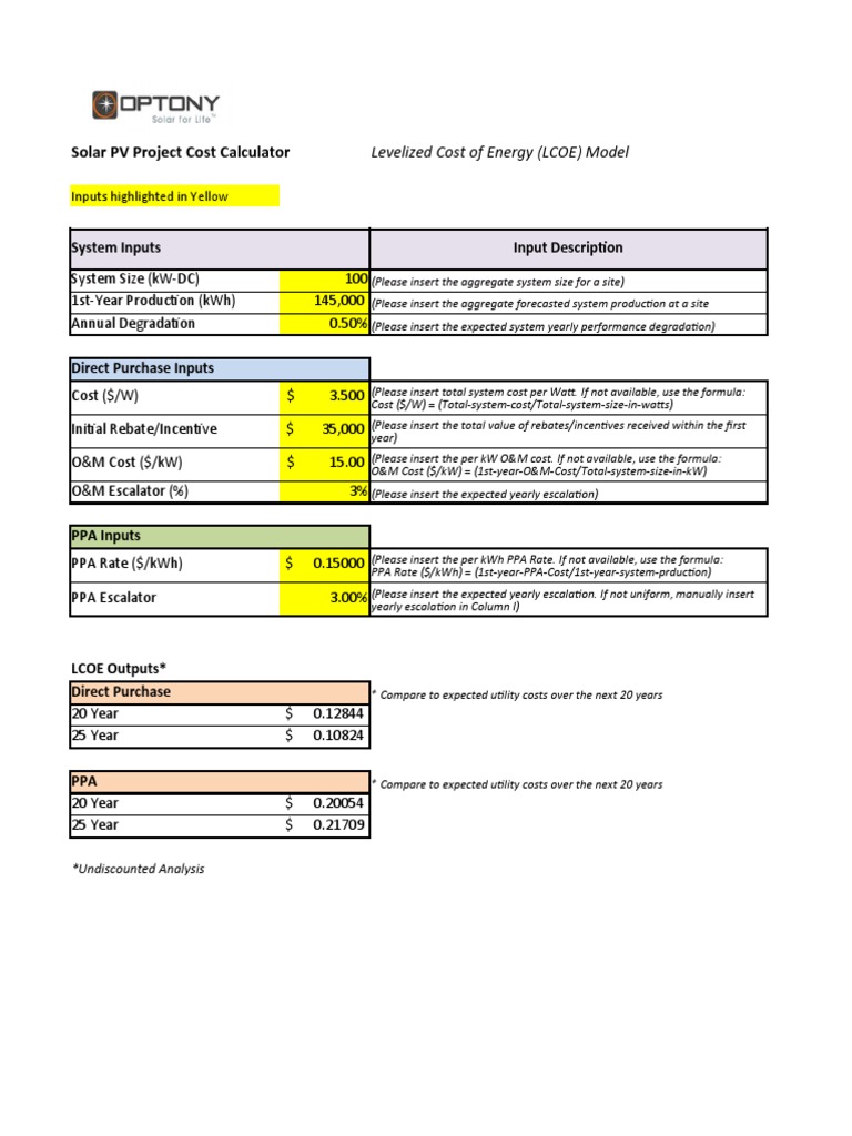 Solar PV LCOE Cost Calculator | PDF | Watt | Power (Physics)