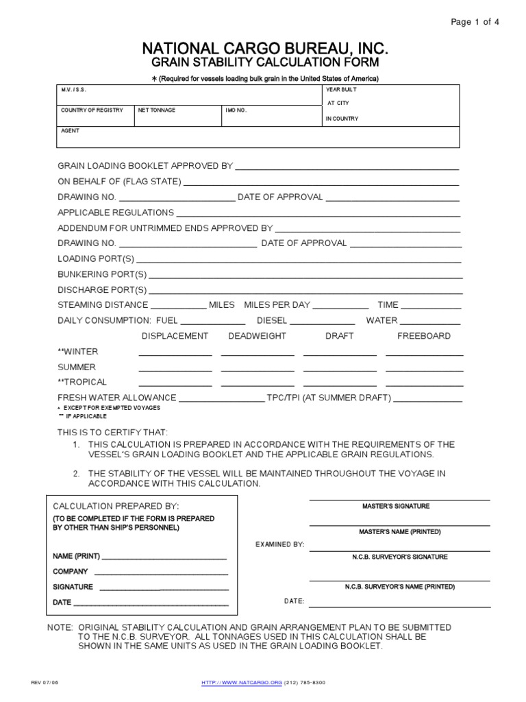 Grain Stability Calculation Form | PDF | Tonnage | Water Transport
