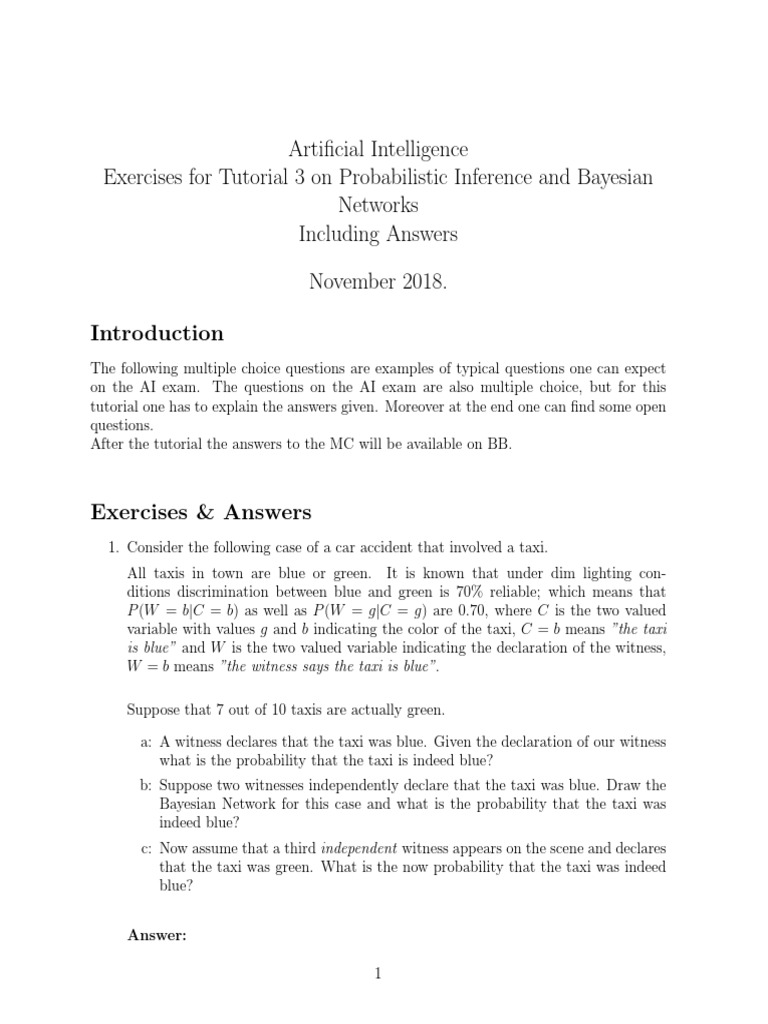 Artificial Intelligence Exercises For Tutorial 3 On Probabilistic Inference and Bayesian ...