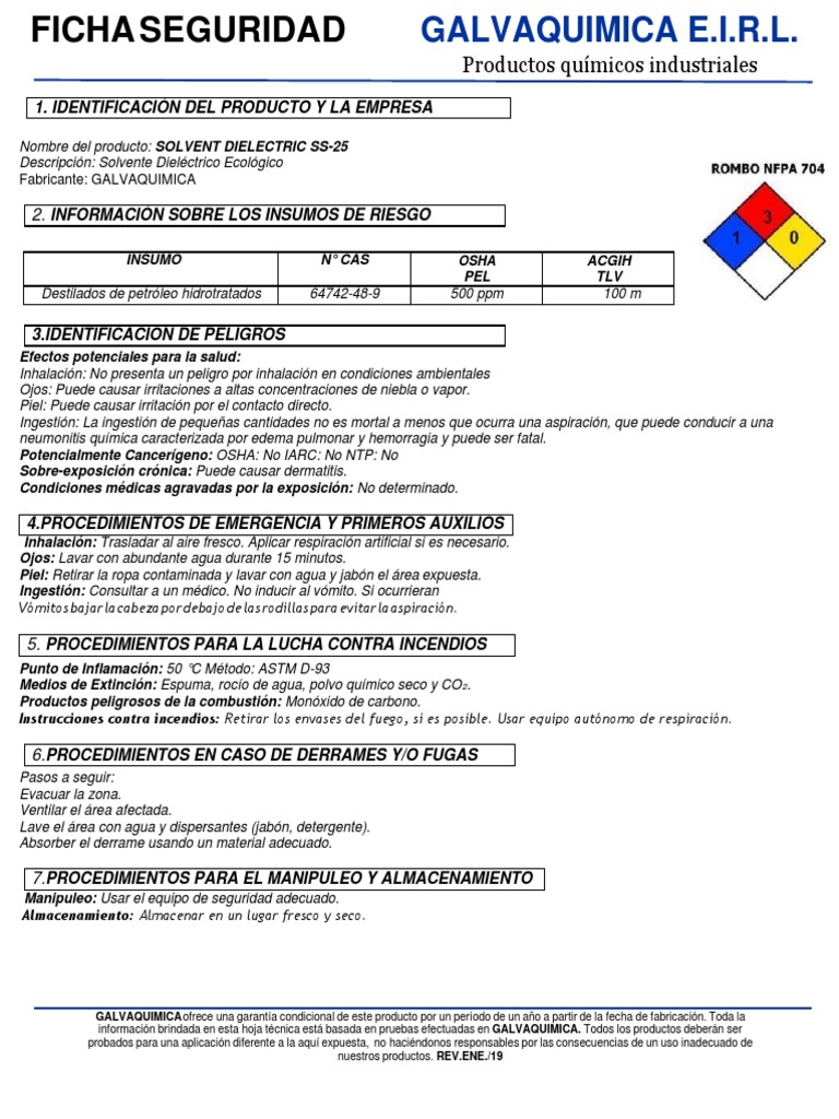 Ficha de Seguridad: Solvente Dieléctrico SS-25 | PDF | Agua | Dióxido ...