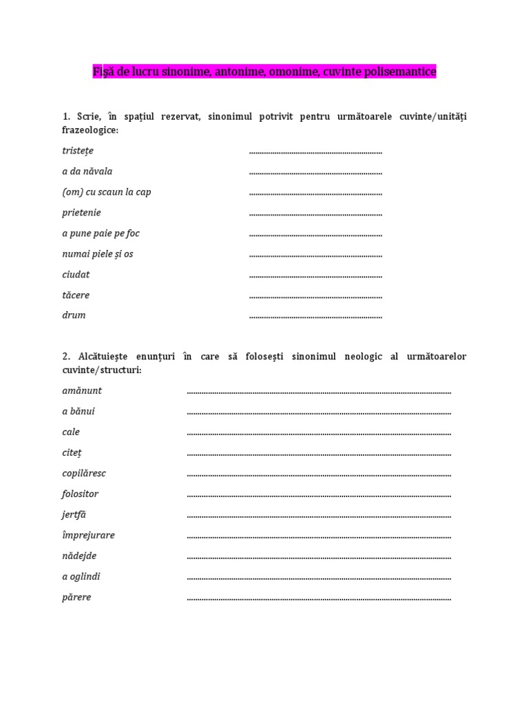 Fisa de Lucru Sinonime Antonime | PDF