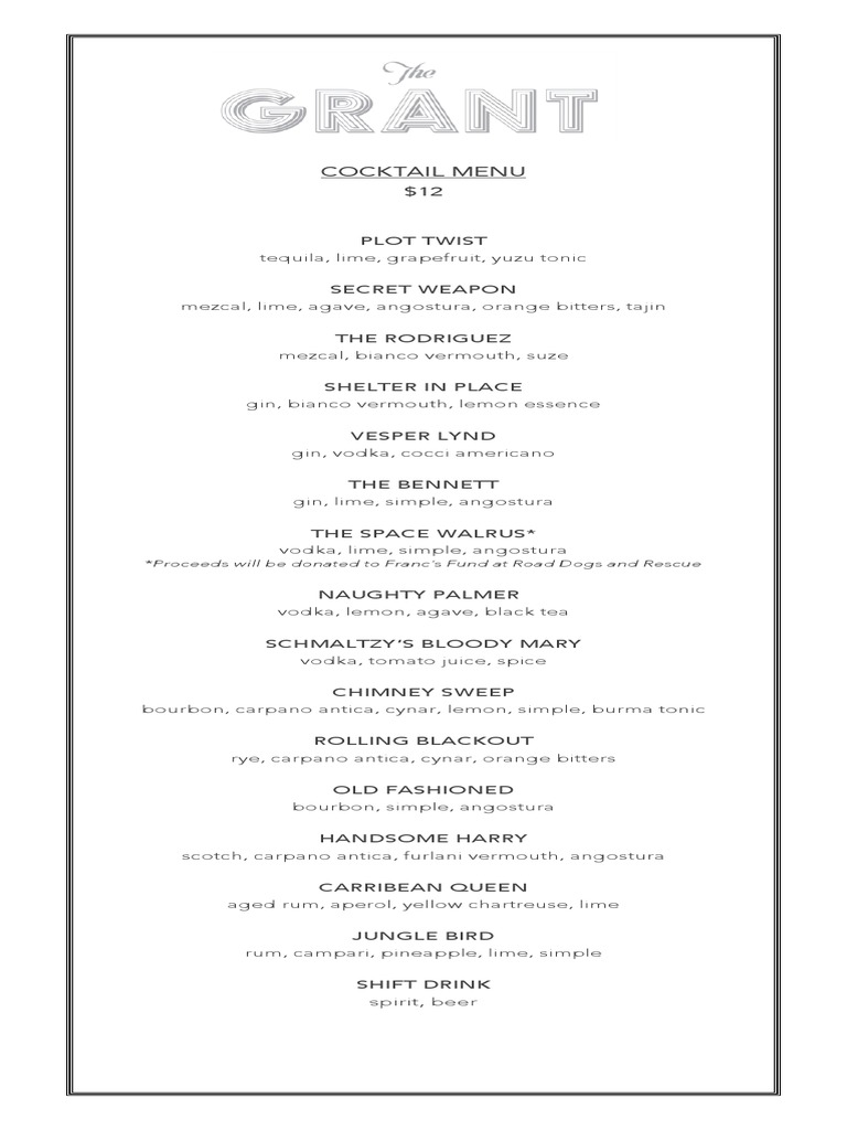The Grant Bar - Full Menu | PDF | Rose | Alcoholic Drinks