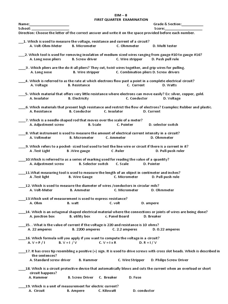 1st Quarter Exam Eim 8docx | PDF | Electrical Resistance And ...