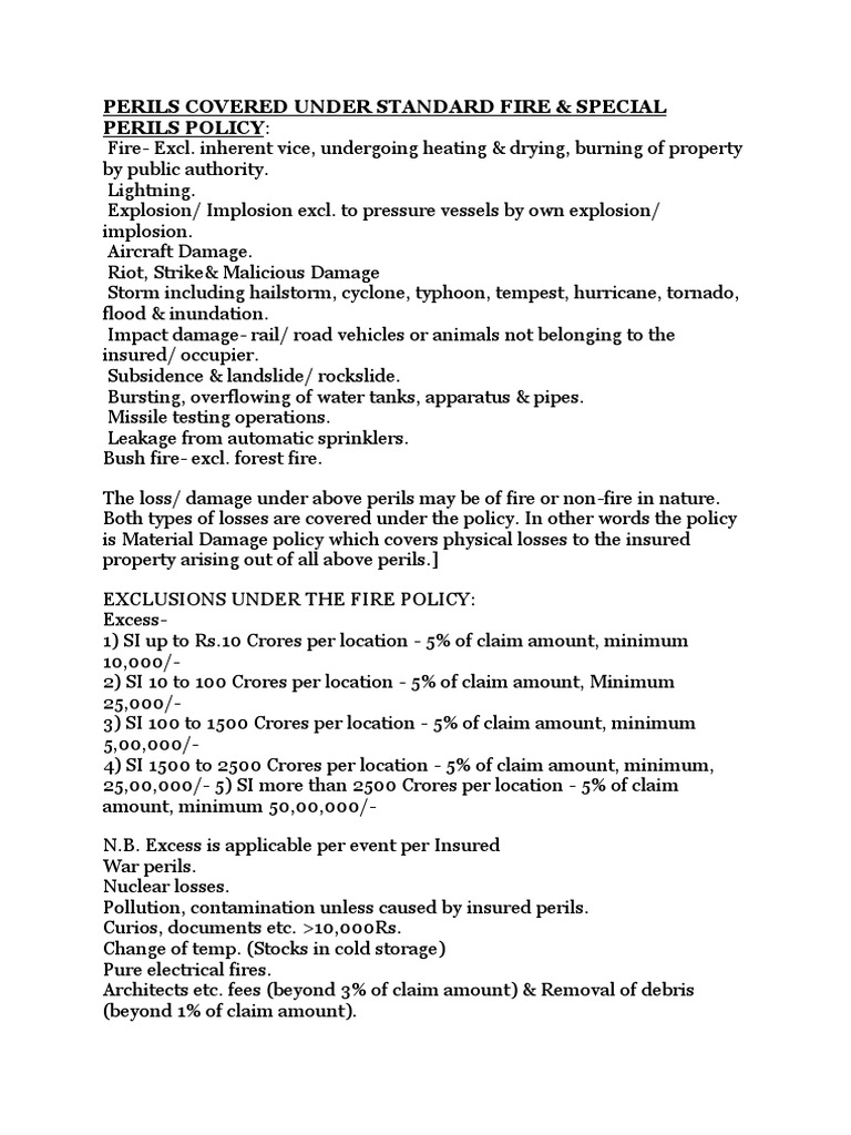 Perils Covered Under Standard Fire & Special Perils Policy | PDF ...