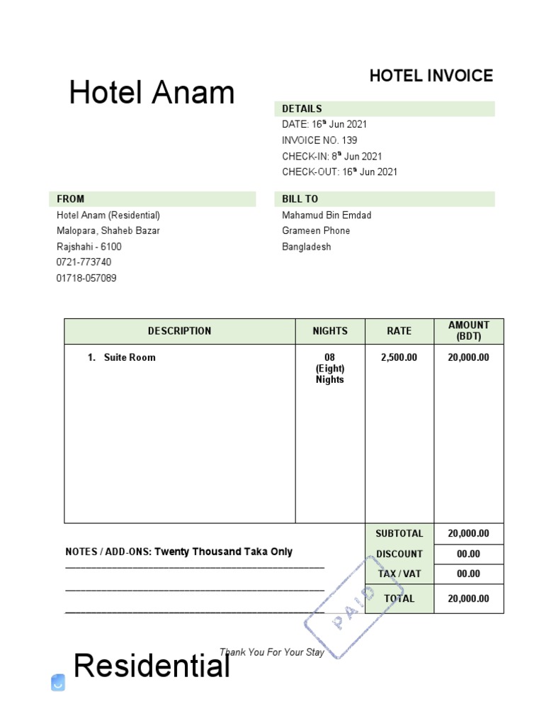 Hotel Room Invoice Template | PDF