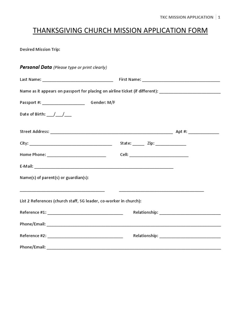 Thanksgiving Church Mission Application Form: Personal Data | Download ...