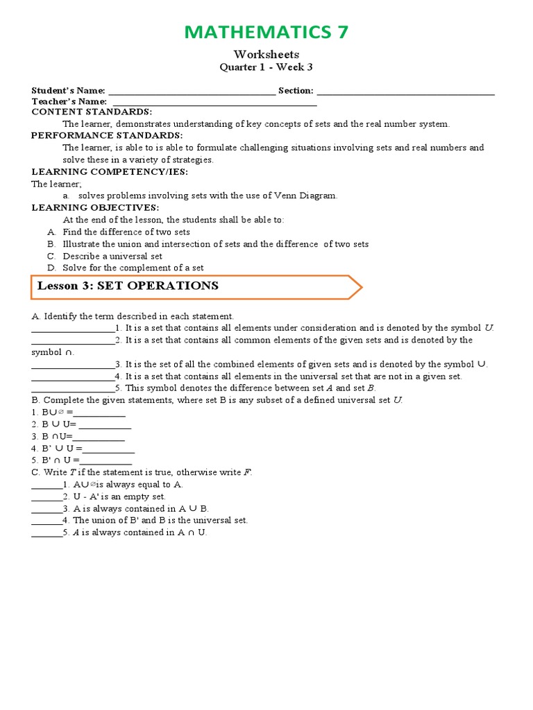Math 7 Worksheet Week 3 4 | PDF | Set (Mathematics) | Learning