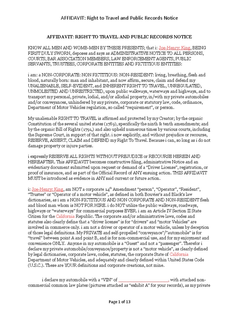 Affidavit Right To Travel and Declaration of Status | PDF | Sovereign ...