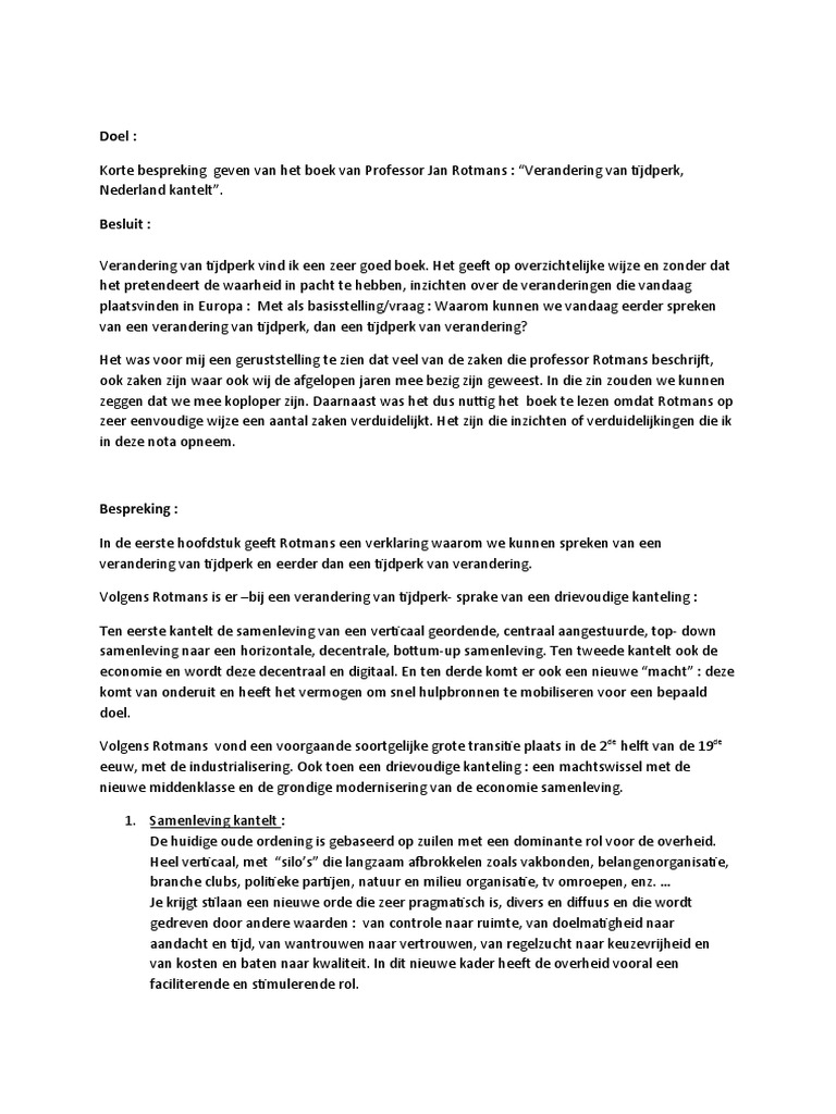 Samenvatting Boek Jan Rotmans Verandering Van Tijdperk | PDF