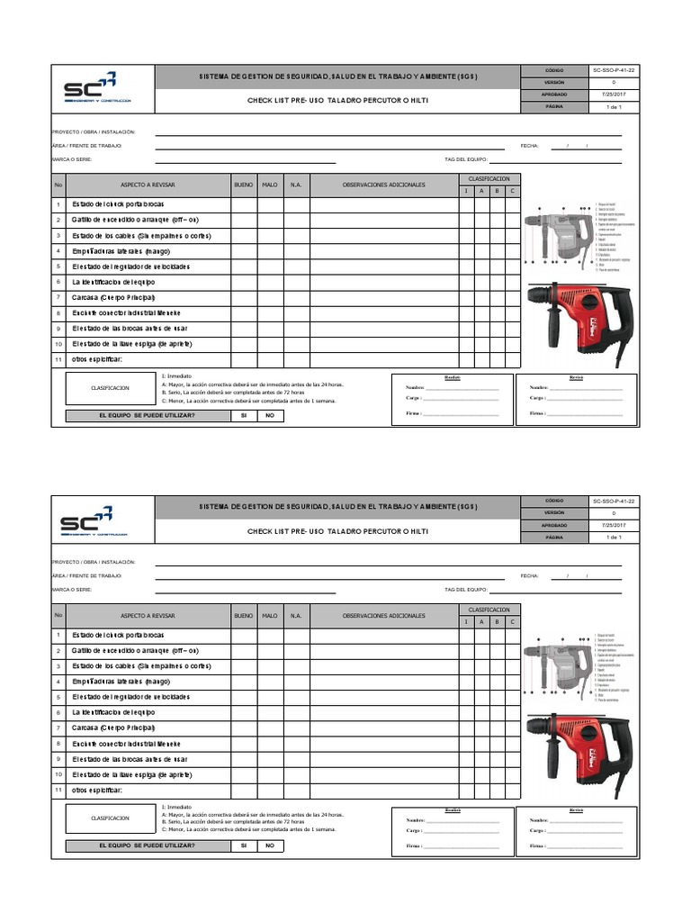 SC-SSO-P-41-22 Check List Taladro Percutor o Hilti | PDF | Perforar