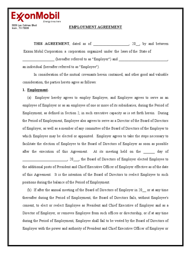 Exxon Employment Agreement | PDF | Employment | Option (Finance)
