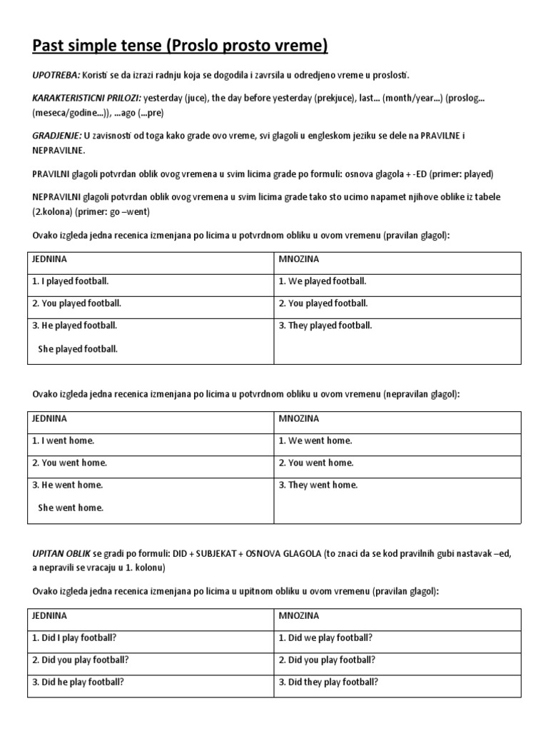 Past Simple Tense (Proslo Prosto Vreme) | PDF