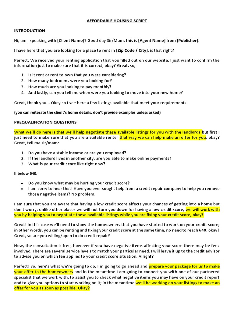 Affordable Housing Script | PDF | Credit Score | Landlord