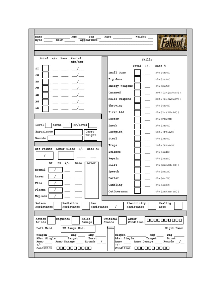 Fallout PNP Character Sheet | PDF | Ammunition | Military Technology