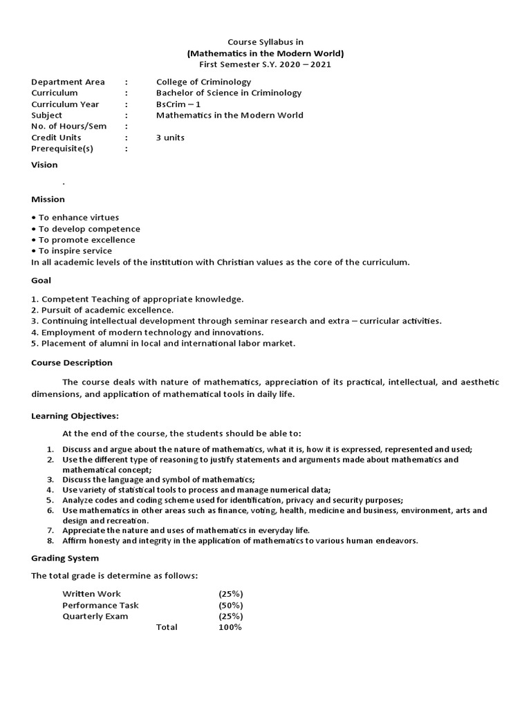 Mathematics in The Modern World Syllabus-Final | PDF | Curriculum ...