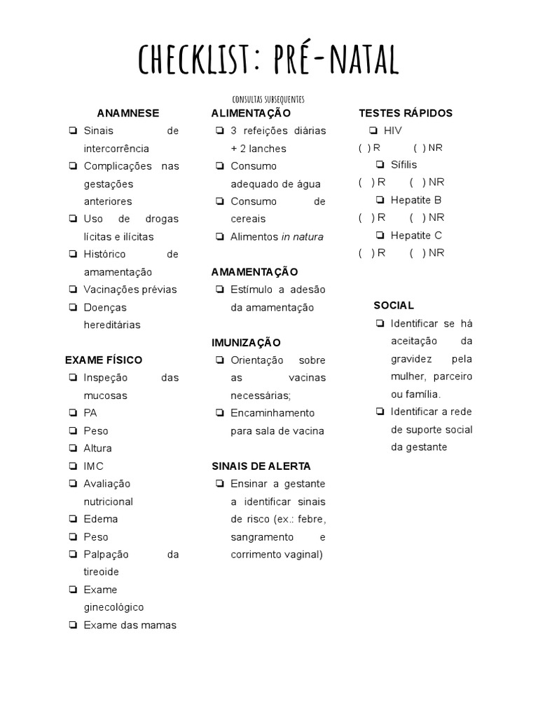 Checklist Pré Natal | PDF | Gravidez | Amamentação
