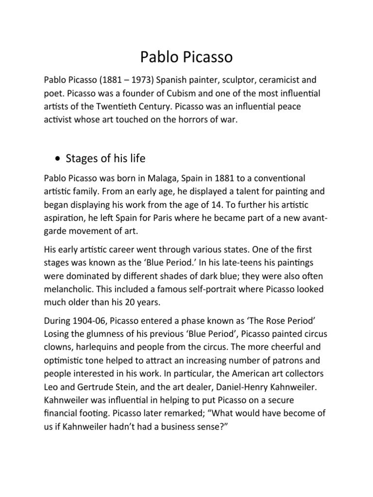 Pablo Picasso: Stages of His Life | PDF | Pablo Picasso | Cubism