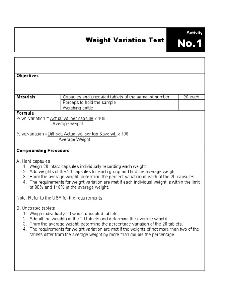 QC1Lab. Act. No. 1. Weight Variation Test | PDF | Weight | Percentage