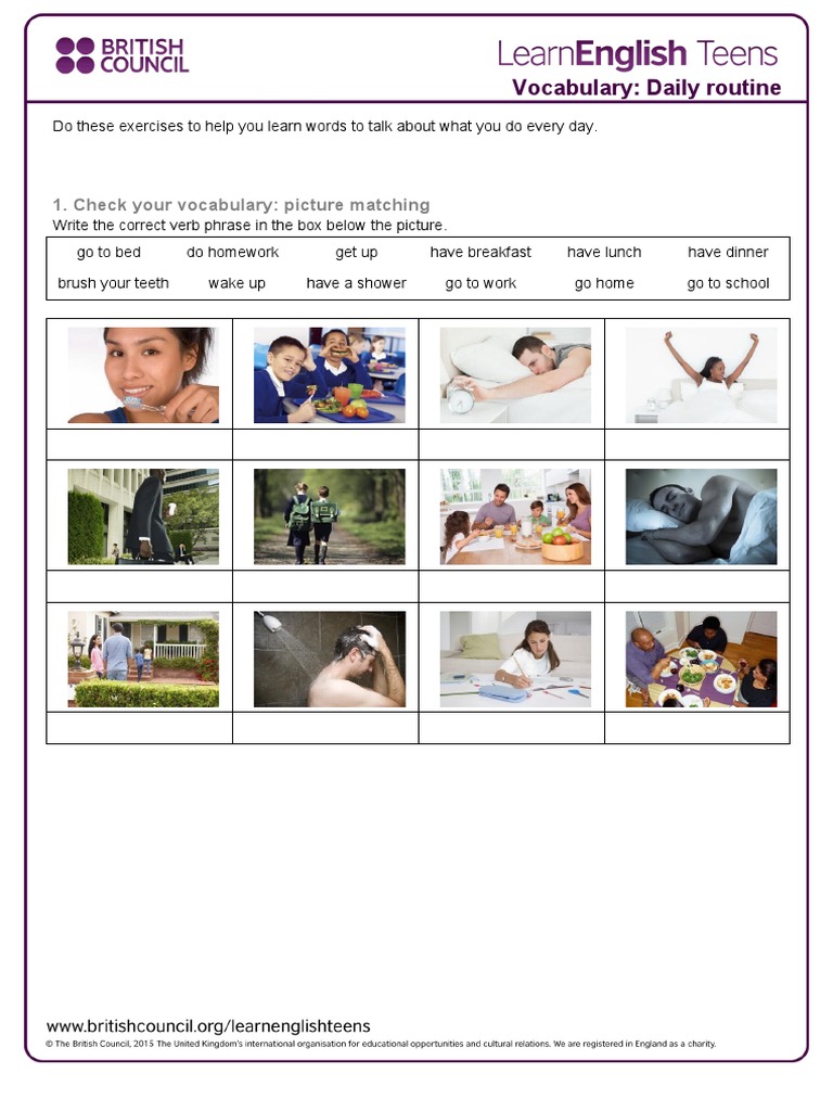 Vocabulary: Daily Routine: 1. Check Your Vocabulary: Picture Matching ...