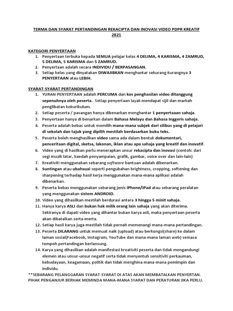 Terma Dan Syarat Pertandingan Reka Cipta Dan Inovasi Video Kreatif | PDF