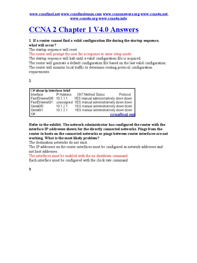 CCNA 2 Chapter 1 V4.0 Answers 2011 | PDF | Router (Computing) | Computer Network