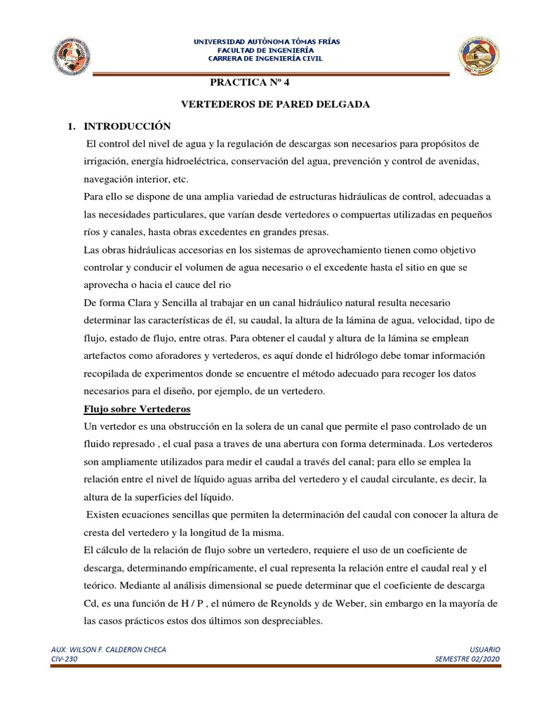 Guia Practica Nº4 Vertederos de Pared Delgada Aux CIV - 230 | PDF | Descarga (hidrología) | Canal