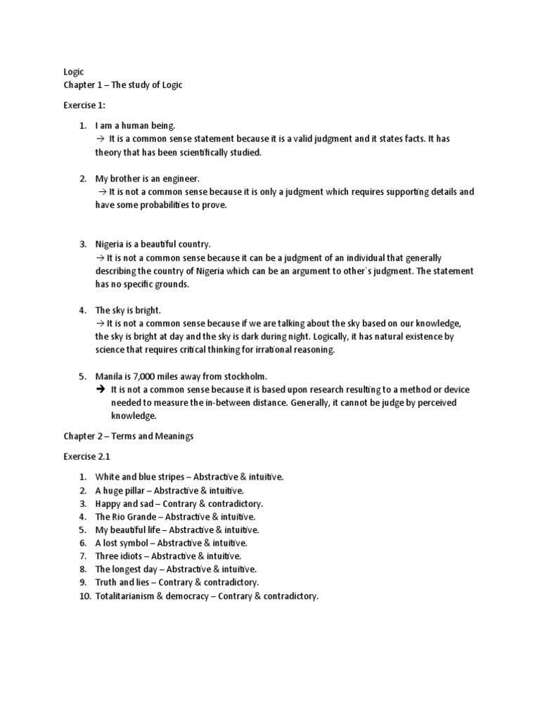Logic (Chapter 1 and 2 All Exercises) | PDF | Common Sense | Logic