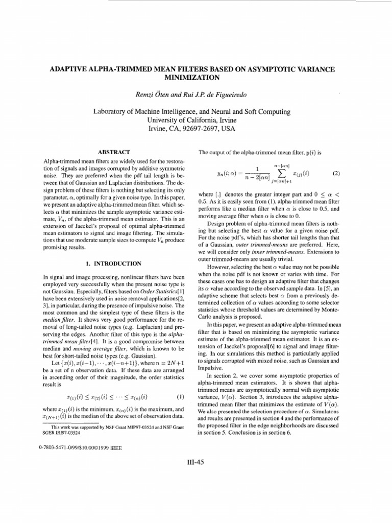 Adaptive Alpha-Trimmed Mean Filters Based on Asymptotic Variance Minimization: An Extension of ...